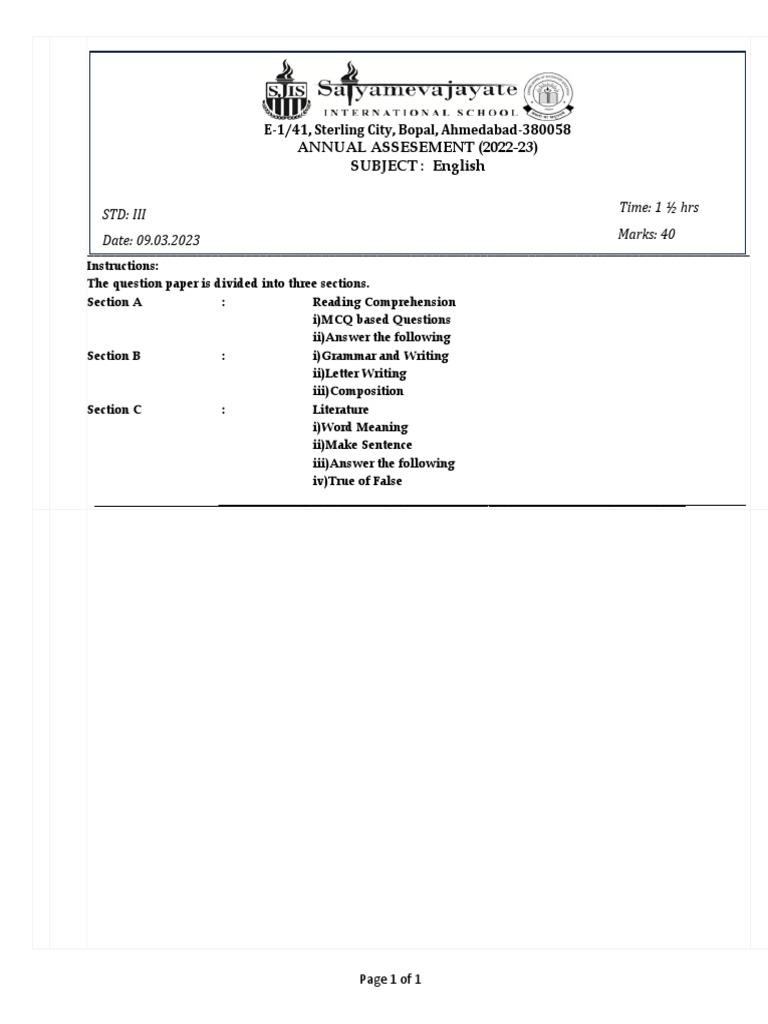 Class 3 English Question Paper 2023 | PDF