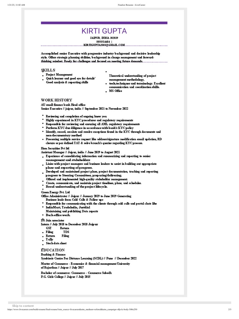 Finalize Resume K - LiveCareer | PDF | Project Management | Business