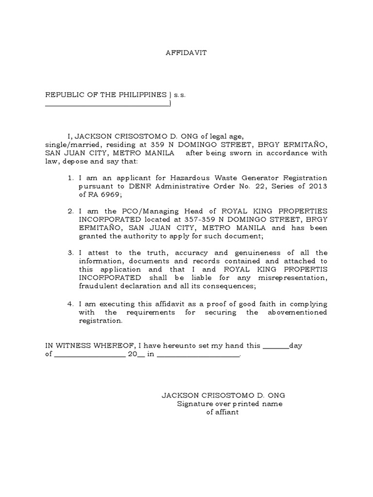 Template For HW Generator Affidavit | PDF