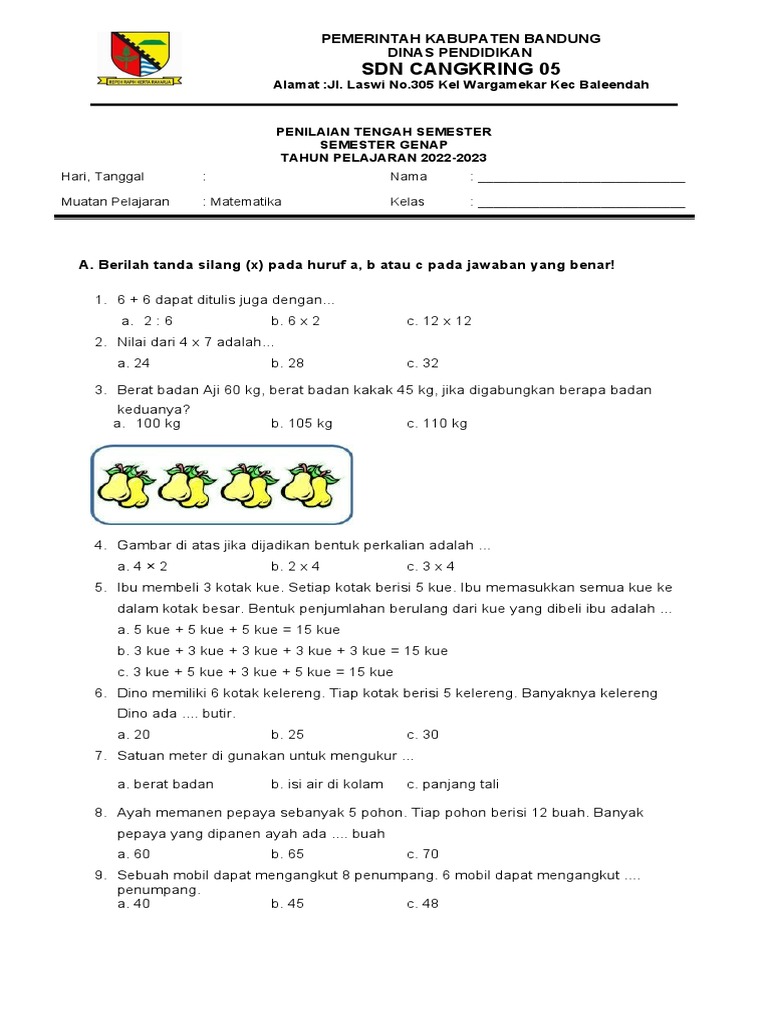 PTS Semester 2 Kelas 2 Matematika | PDF