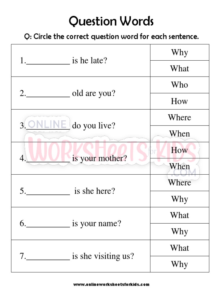 Question Word Worksheet For Grade 1 | PDF