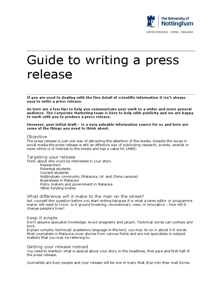 Guide To Writing A Press Release | PDF | Press Release | News