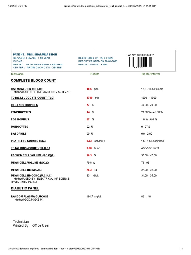 Complete Blood Count: Patient.: Mrs. Sharmila Singh | PDF