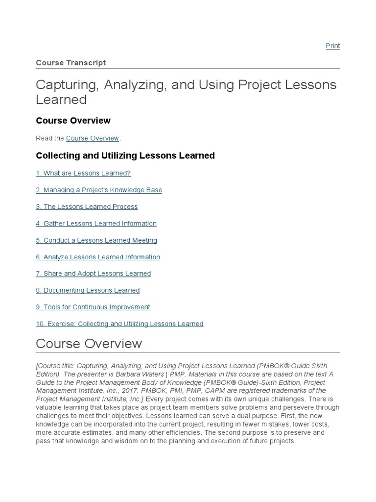 Capturing, Analyzing, and using Project Leasson Learned | PDF | Project ...