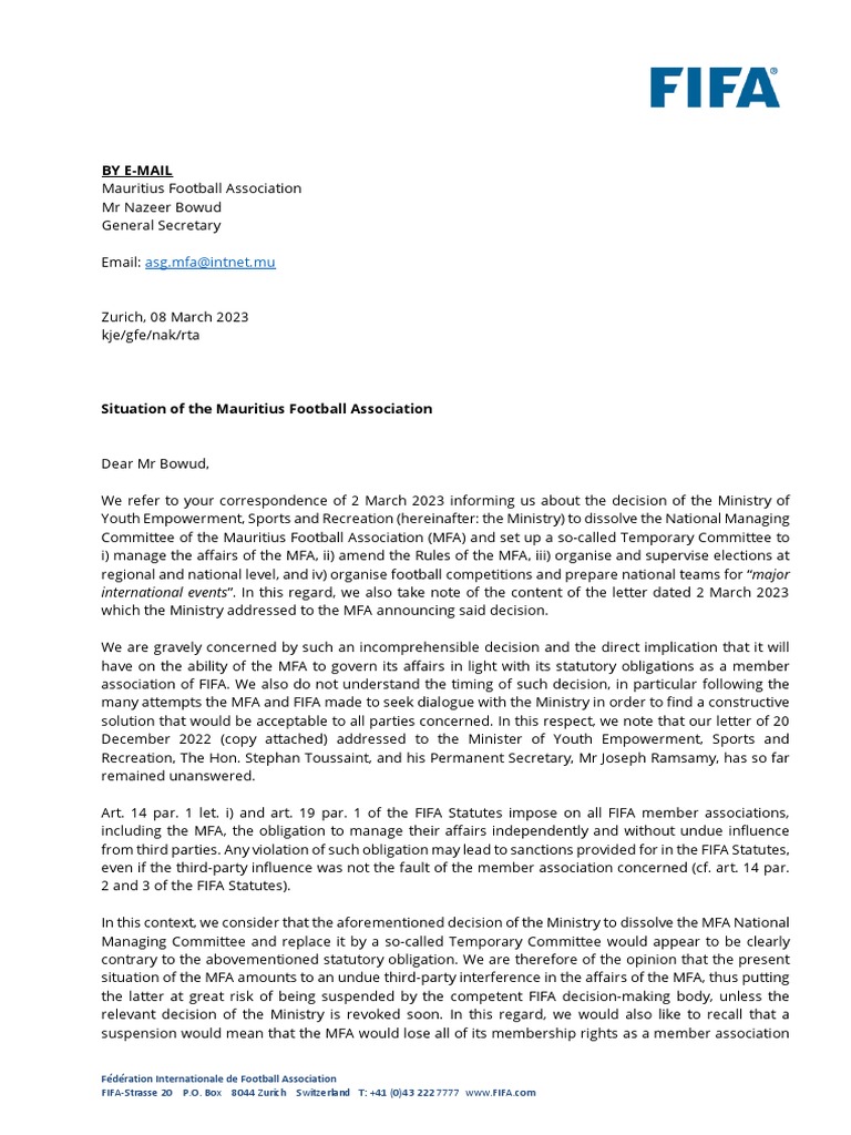 FIFA's Concerns Over Mauritius Football Association | PDF | Fifa ...