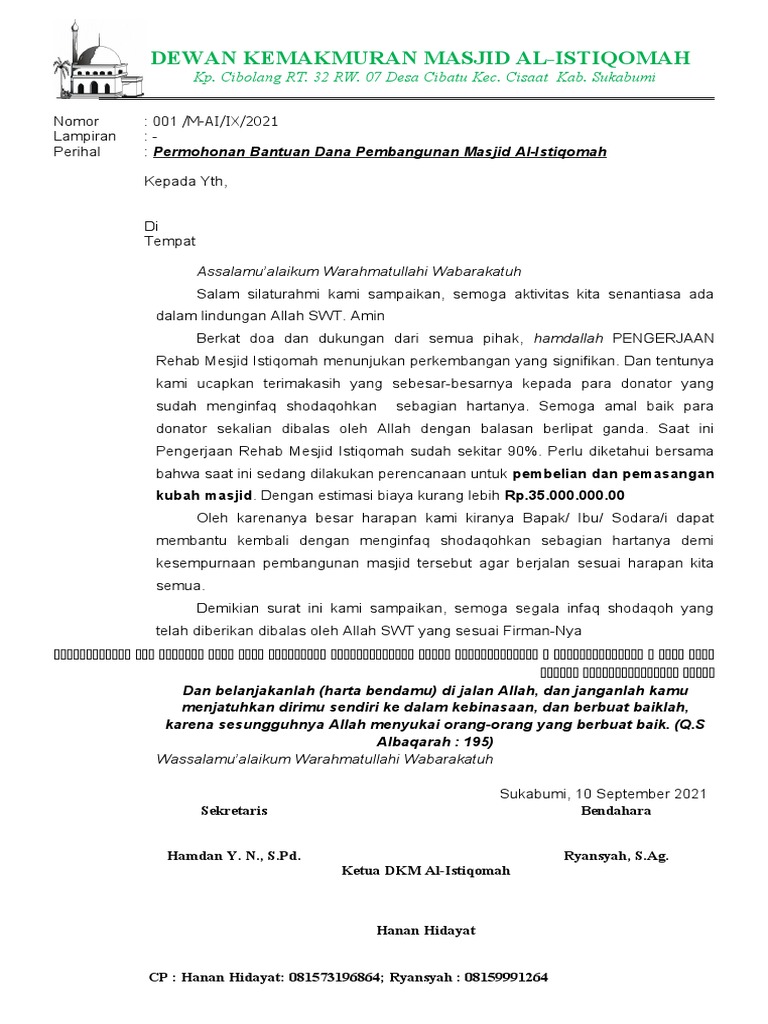 Permohonan Dana Pembangunan Masjid | PDF