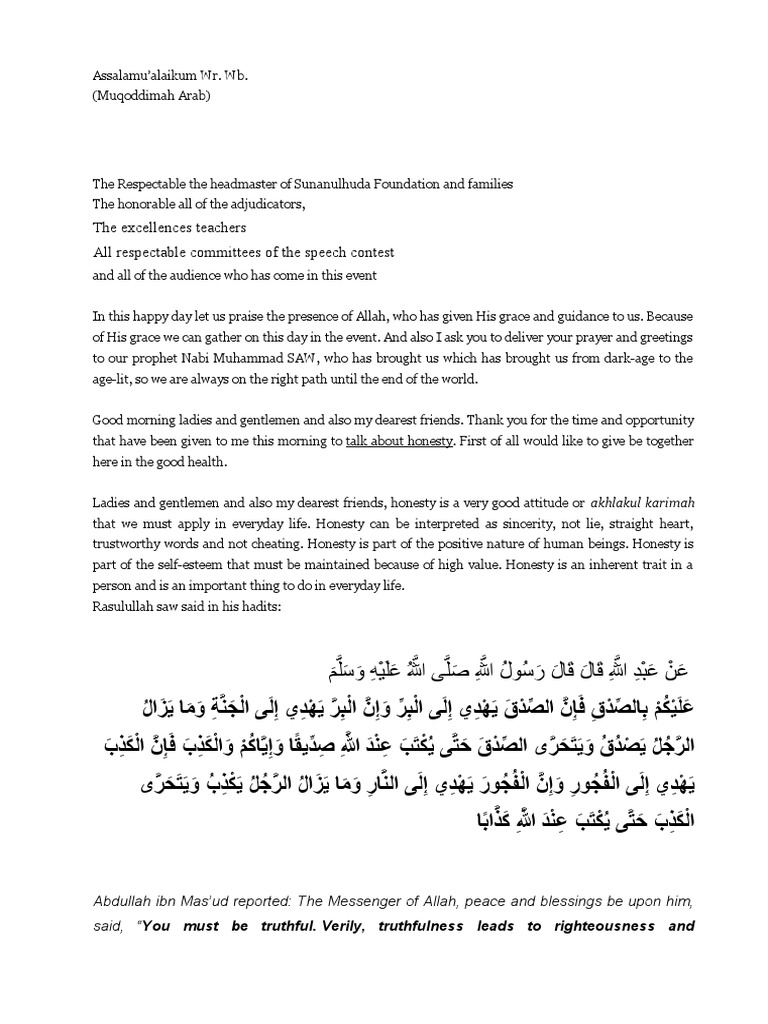Teks Pidato B. Inggris - Akhlakul Karimah - Honesty-Sidq | Download Free PDF | Prophets And ...