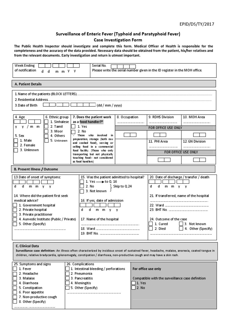Typhoid Special Surveillance Form | PDF | Immunology | Microbiology
