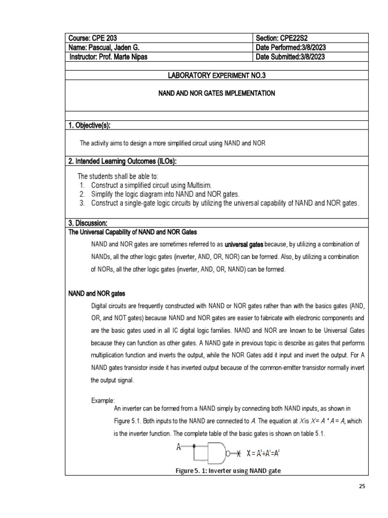 LABORATORY EXPERIMENT 03 NAND and NOR Implementation-1 | PDF | Logic Gate | Electronic Circuits