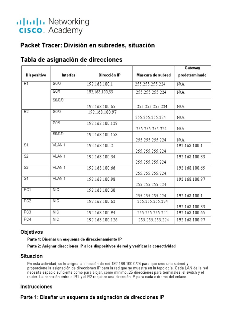 11.7.5 Packet Tracer - Subnetting Scenario - Es XL | PDF | Dirección IP | Protocolos de red