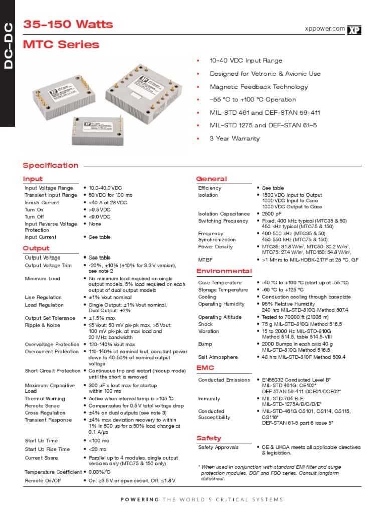 DC-DC Converter Module Specification Sheet - MTC Series 35-150 Watts ...