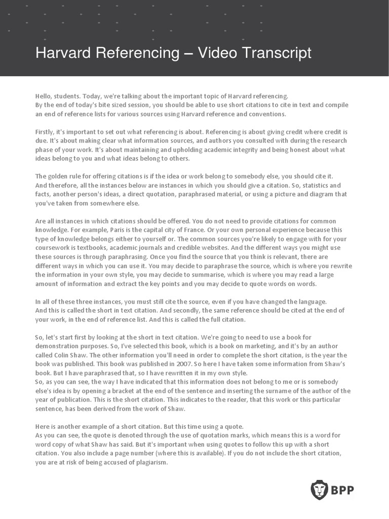 Harvard Referencing - Video Transcript | PDF | Citation | World Wide Web