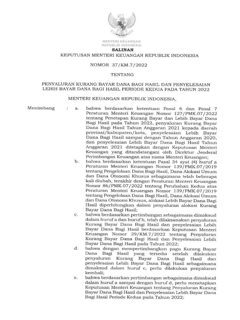 Salinan KMK 37 - KM.7 - 2022 Salur KB Tahap Kedua PDF | PDF
