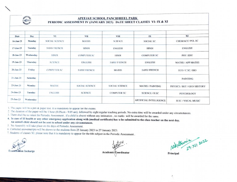 Periodic Assessment IV Date Sheet | PDF