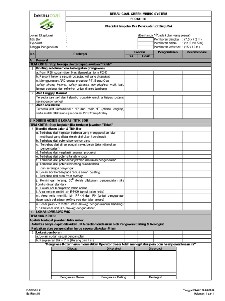 F-GNE-01.41_F. Checklist Inspeksi Pra Pembuatan Drilling Pad | PDF