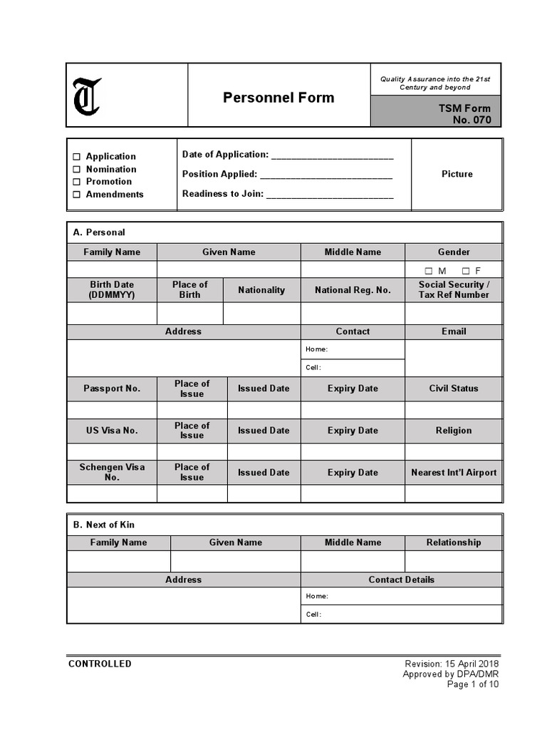 TSM Form 070 Personnel Form 150418 | PDF | Oil Tanker | Petroleum