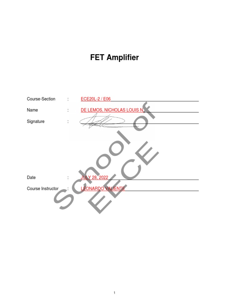 ECE20L - 2 - Expt7 - DE LEMOS PDF | Download Free PDF | Field Effect Transistor | Amplifier