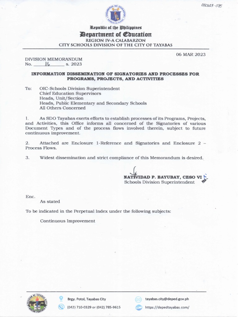 Division Memorandum No. 116 S. 2023 Information Dissemination of Signatories and Processes For ...
