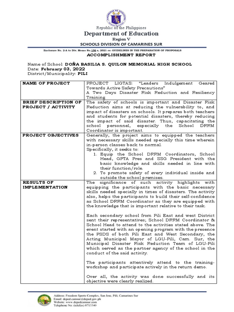Accomplishment Report - DRRM Training | PDF