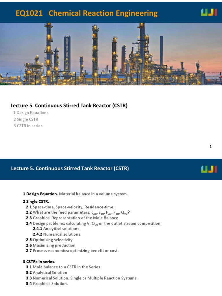 Lecture 5 - CSTR-19-20 | PDF | Chemical Reactor | Chemical Reactions