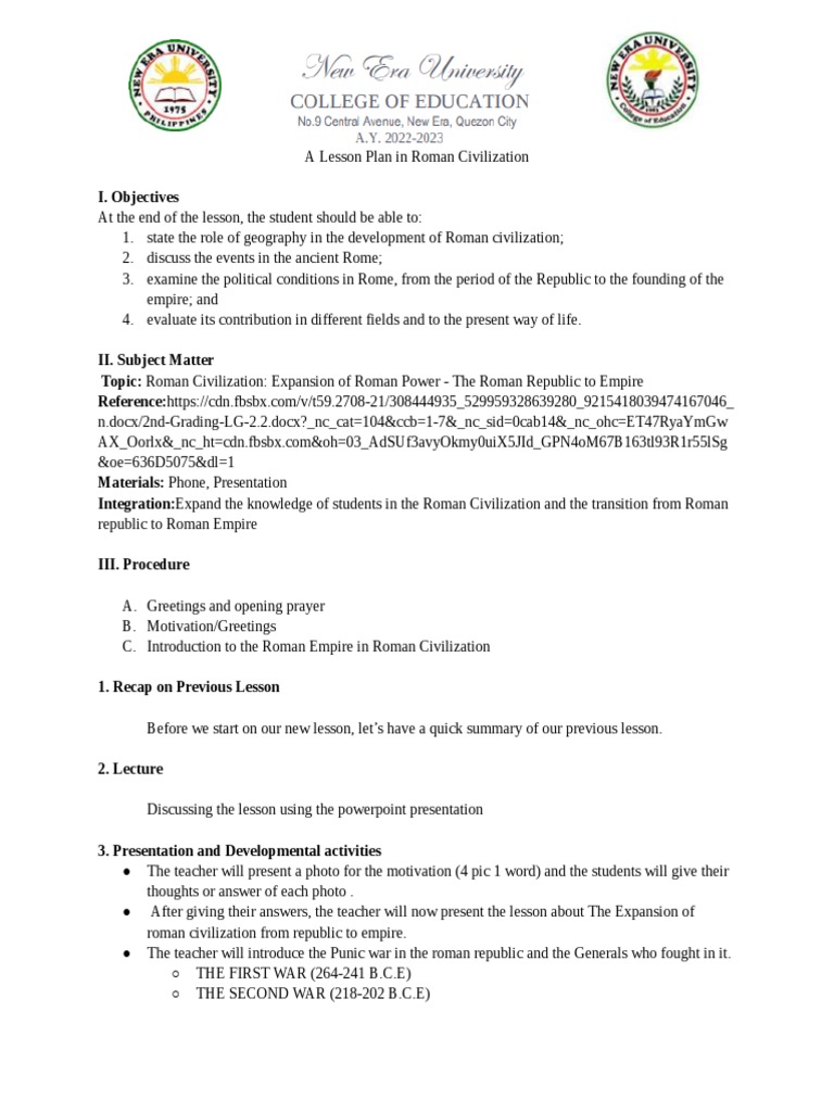Roman Civilization Lesson Plan | PDF | Roman Republic | Augustus