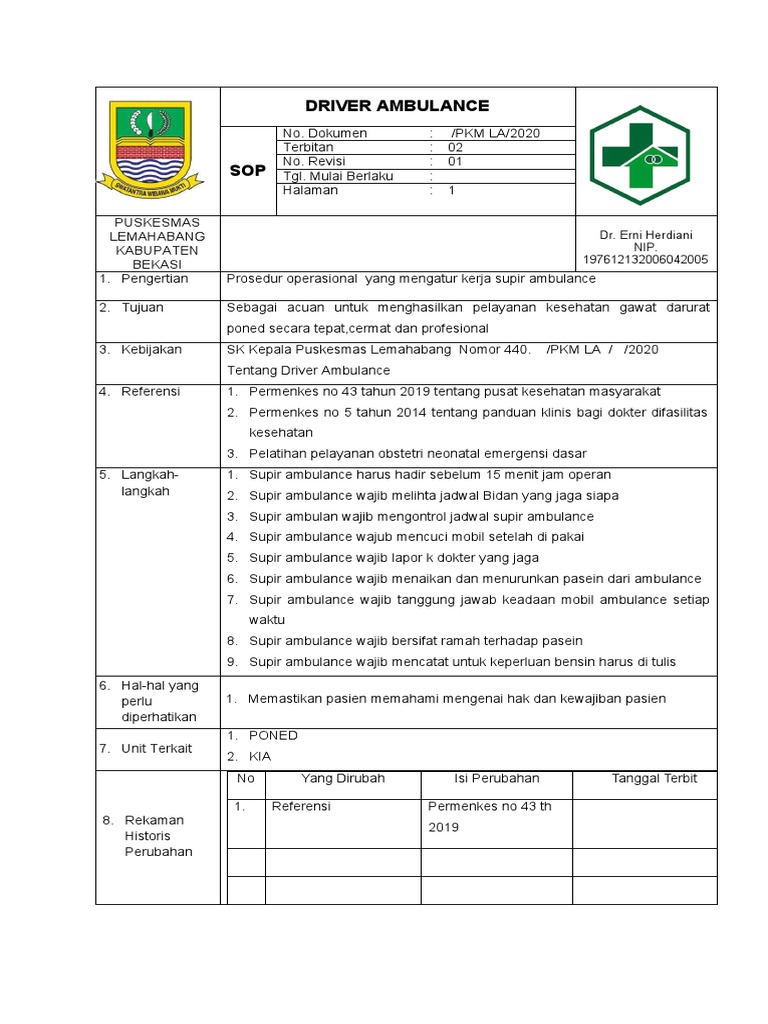 SOP Driver Ambulance Puskesmas Bekasi | PDF