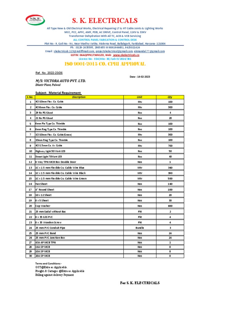 S. K. Electricals: Iso 9001-2015 Co. Cpri Approval | PDF | Electric Power | Electrical Components