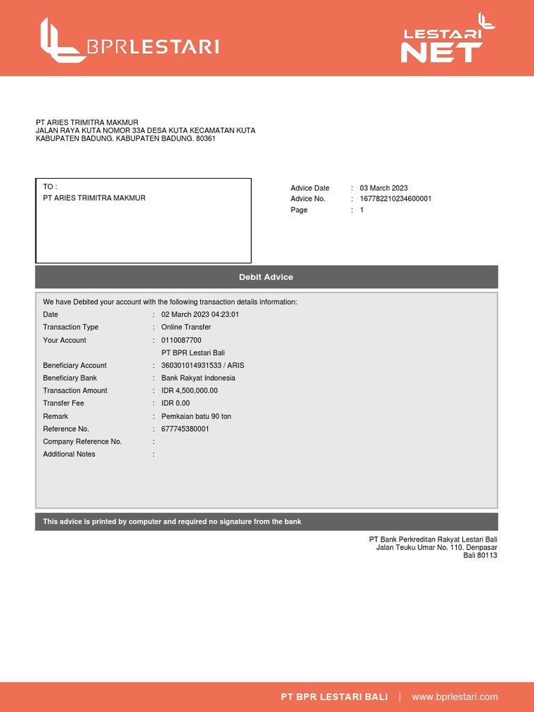Debit Advice for PT Aries Trimitra Makmur | PDF | Bali | Banking