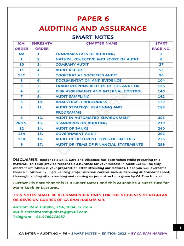 CA Ram Harsha Audit Smart Notes 2022 | PDF | Audit | Financial Audit