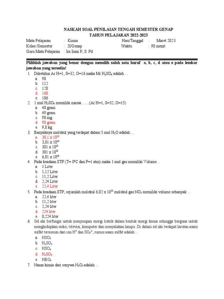 Soal PTS Genap Kimia X | PDF | Sains & Matematika