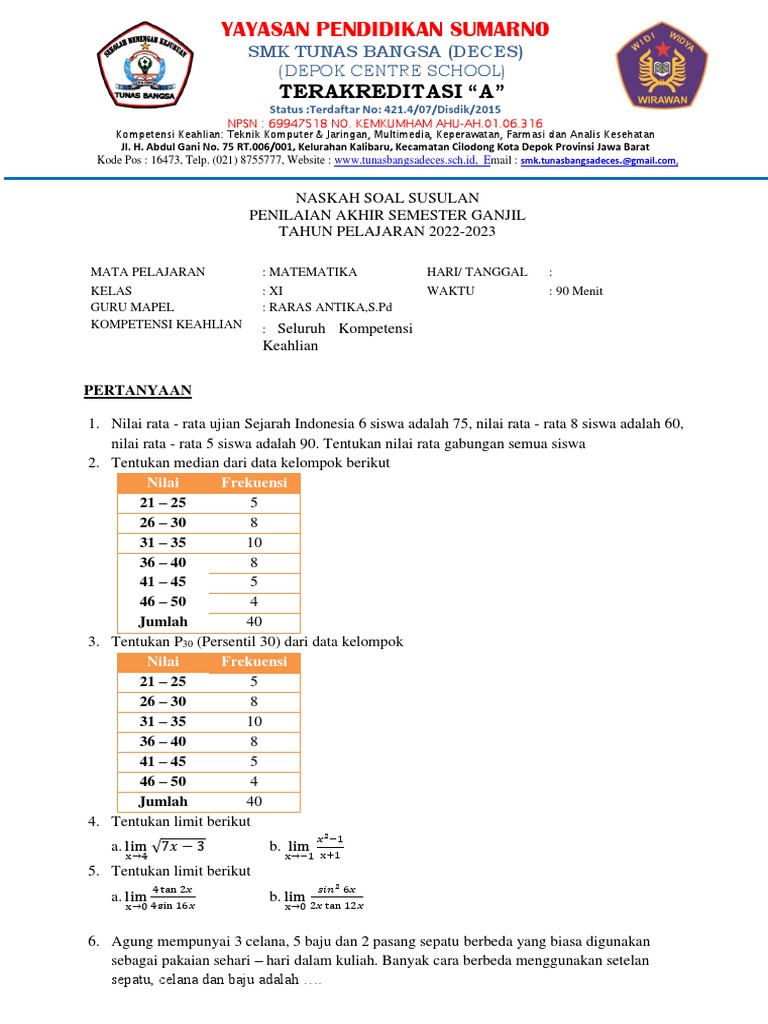 NASKAH SOAL UJIAN SUSULAN PAS GANJIL MTK XII.pdf | PDF