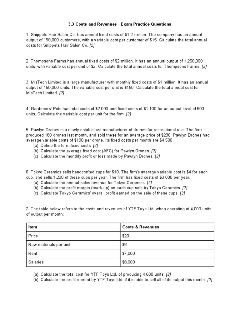 Economics Cost and Revenue Calculations | PDF | Profit (Economics) | Cost