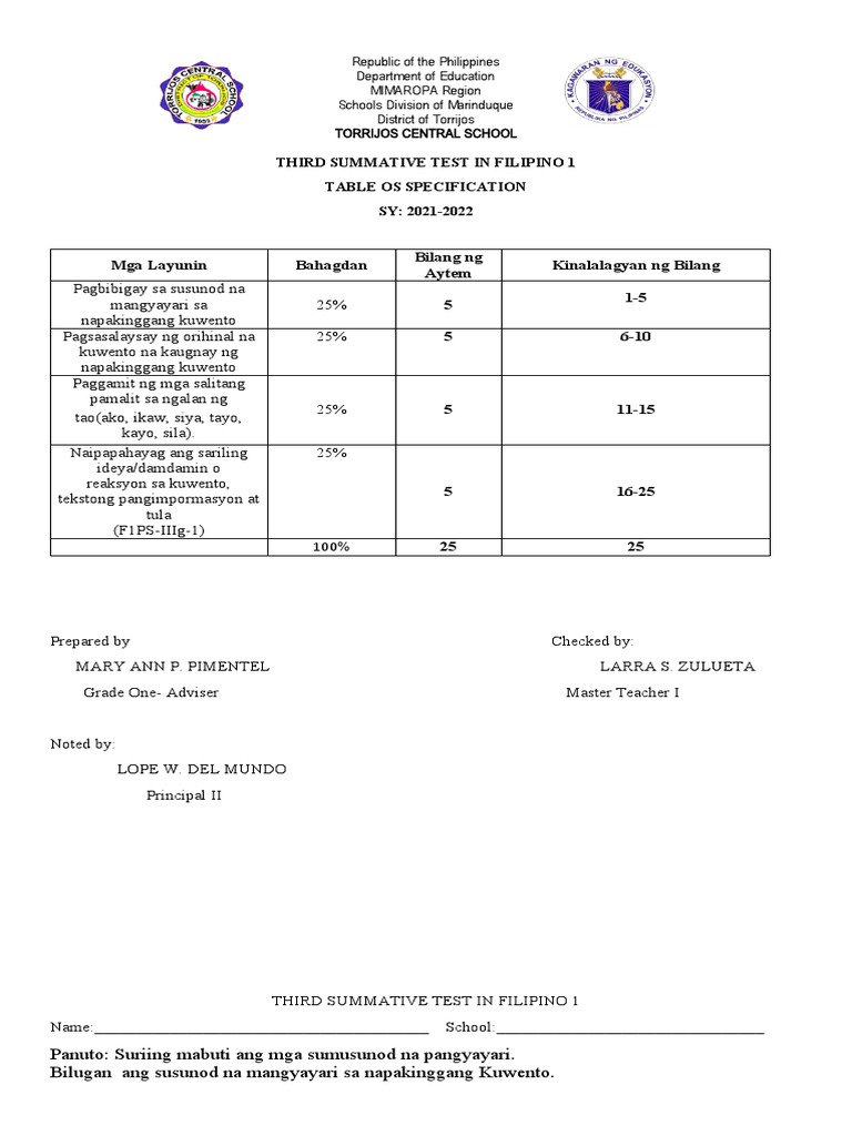 Third Summative Test in Filipino | PDF