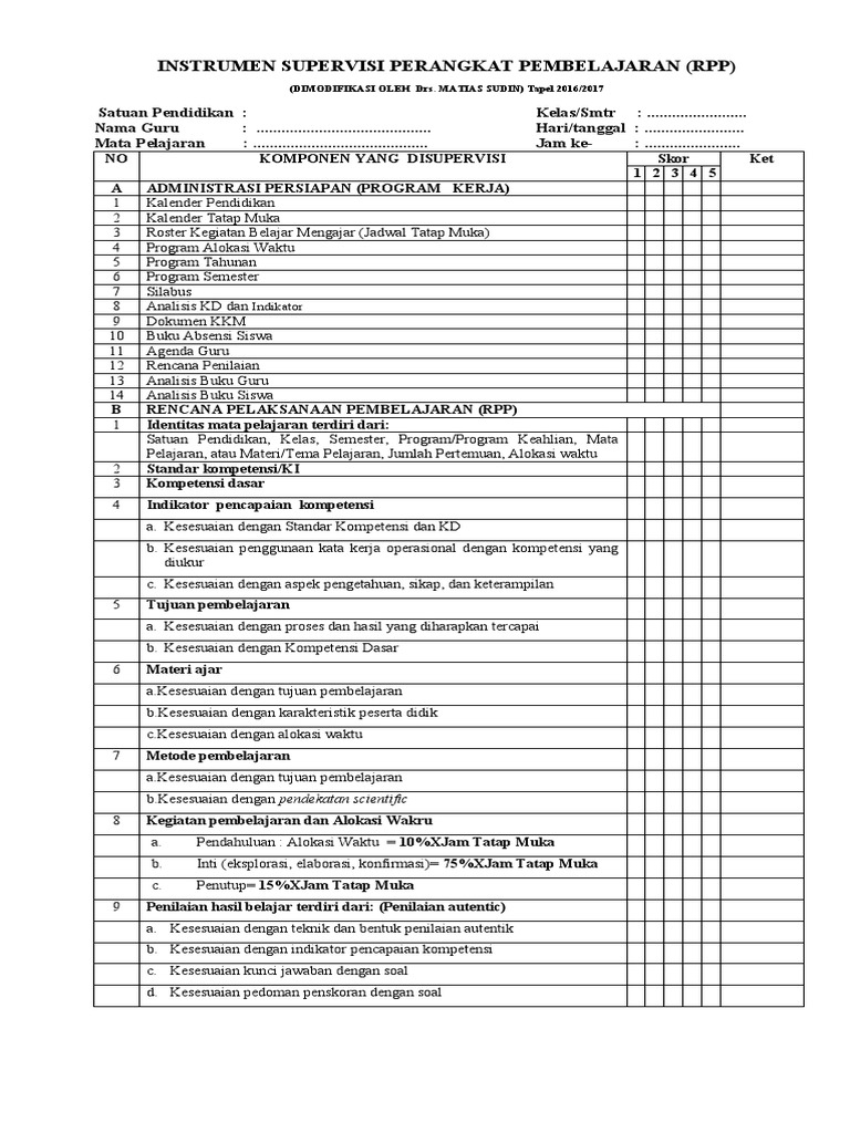 Instrumen Penilaian Rpp Dan Pbm - Copy | PDF