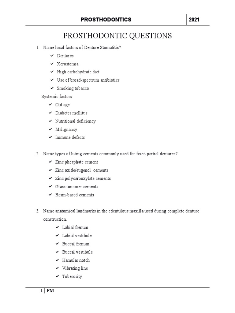Prosthodontic Questions | PDF | Dentures | Medical Specialties