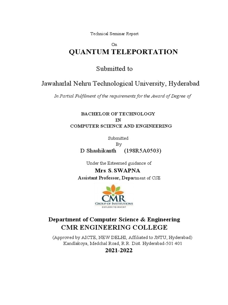 Quantum Teleportation Seminar Report | PDF | Quantum Mechanics | Quantum Entanglement