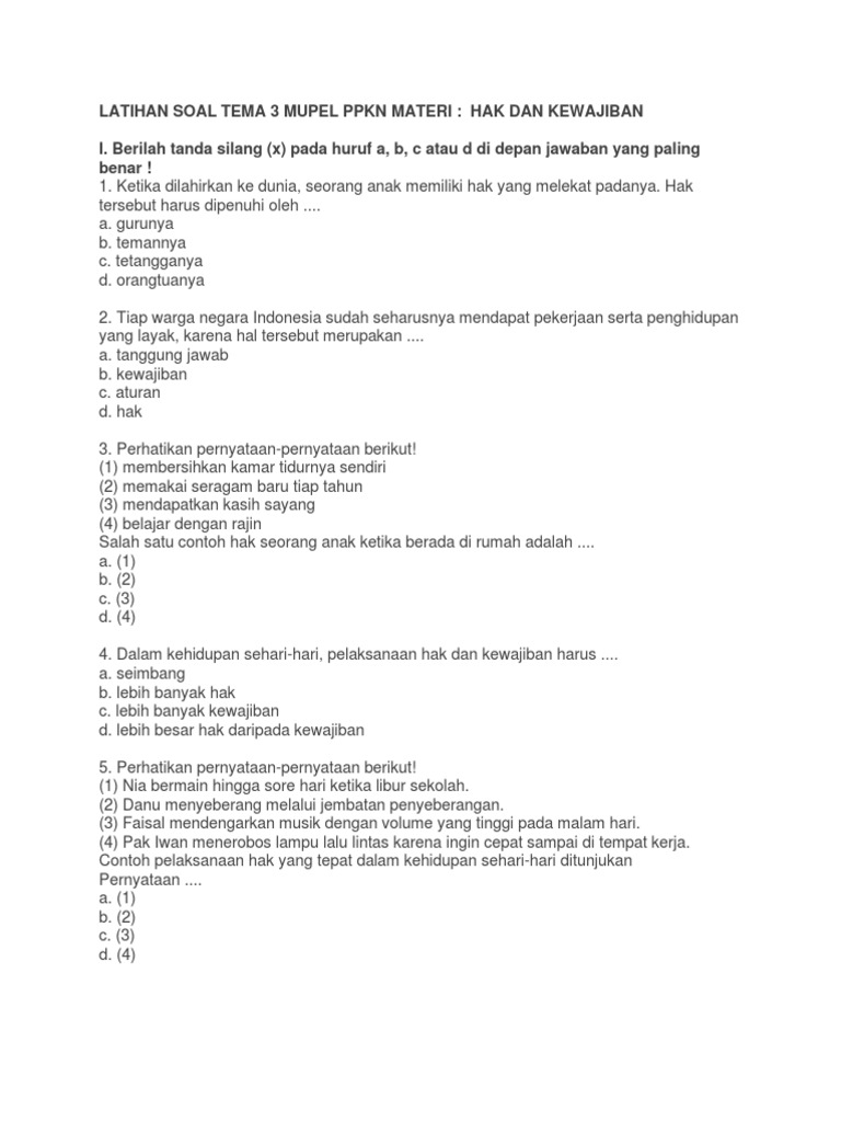 Latihan Soal Tema 3 PPKN Hak Dan Kewajiban | PDF | Game & Aktivitas | Seni & Disiplin Bahasa