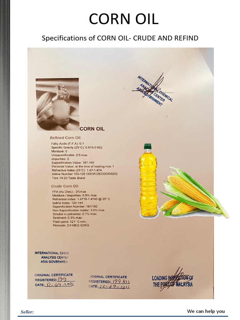 Specifications of CORN OIL - CRUDE AND REFIND | PDF
