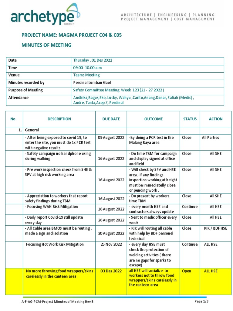 MOM-Safety Committee Meeting Week 123 (21 - 27 Nov 2022) | PDF ...