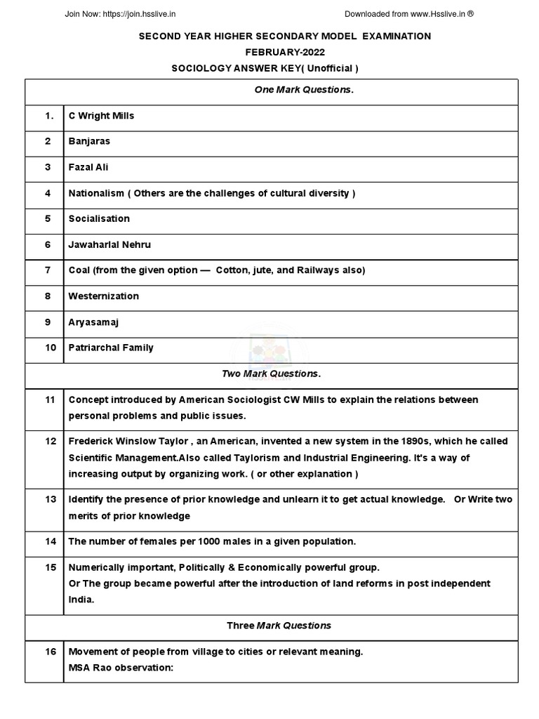Hsslive Xii Model Exam Feb 2023 Ans Key Sociology Yaseer and Ashref ...