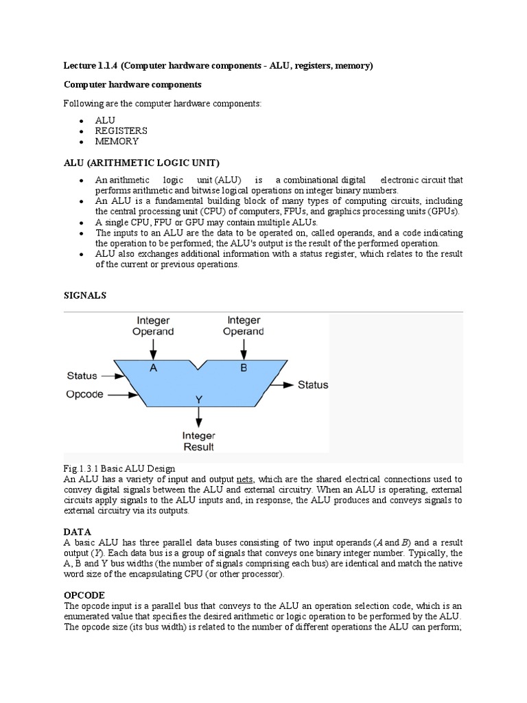 Lecture 1.1.4 (Computer Hardware Components - ALU, Registers, Memory) | PDF | Computer ...