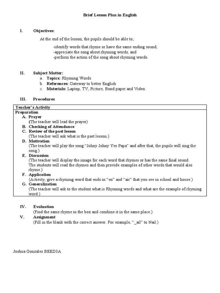 Rhyming Words Lesson Plan | PDF