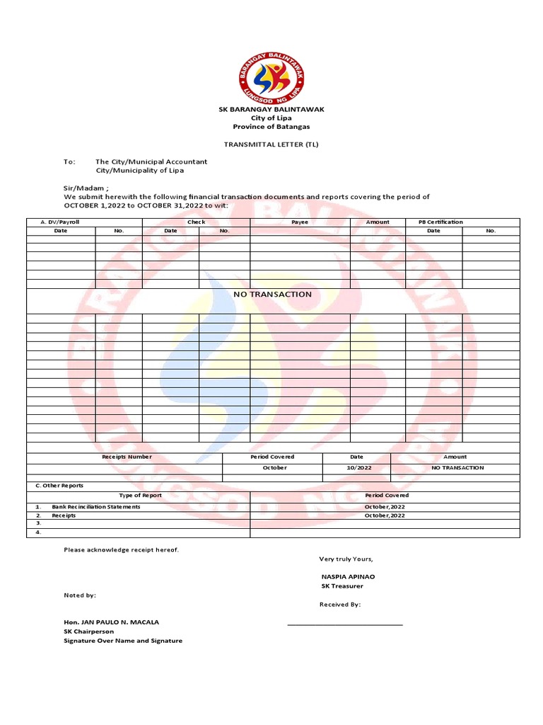 Transmittal of Financial Reports and Documents of Barangay Balintawak ...