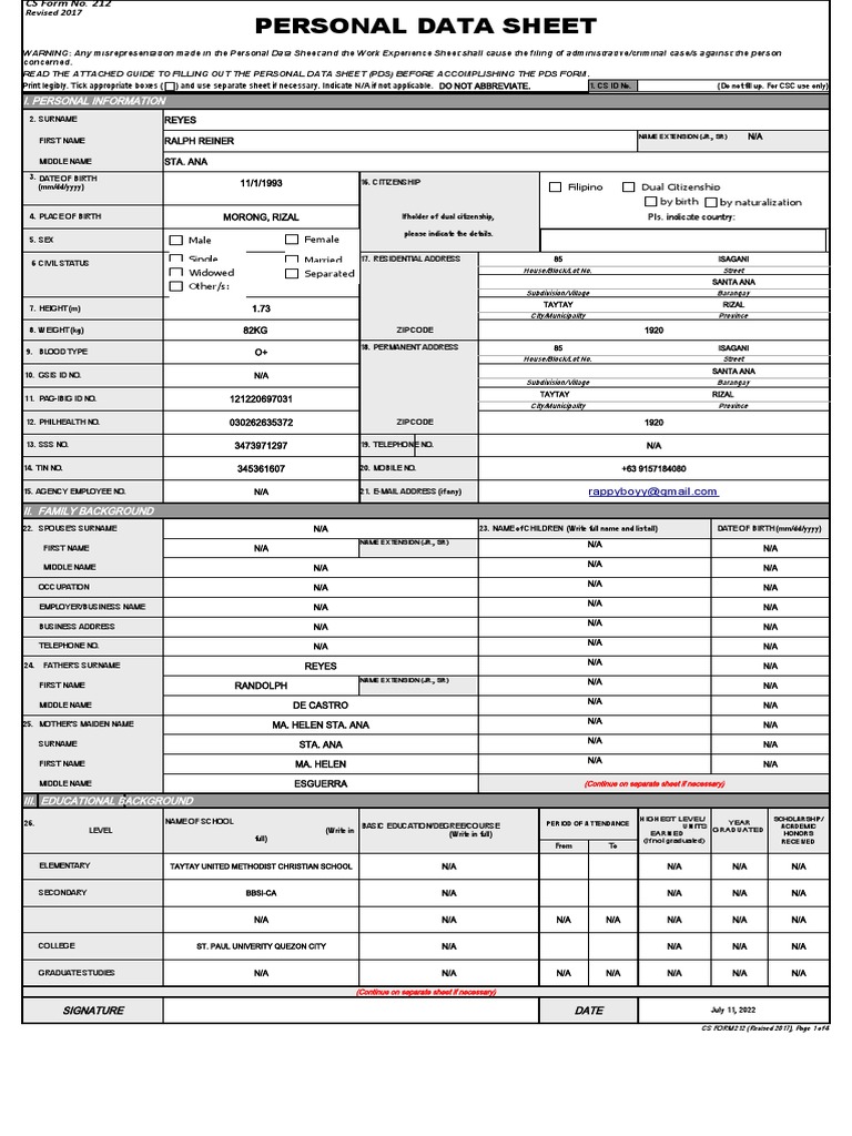 I. Personal Information: Reyes Ralph Reiner Sta. Ana 11/1/1993 Morong ...