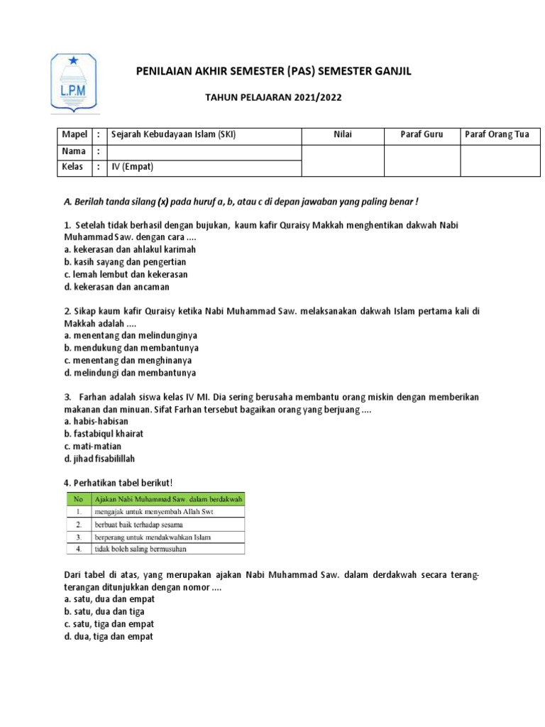Soal Pas Ski Semester 1 Kelas 4 2021 | PDF