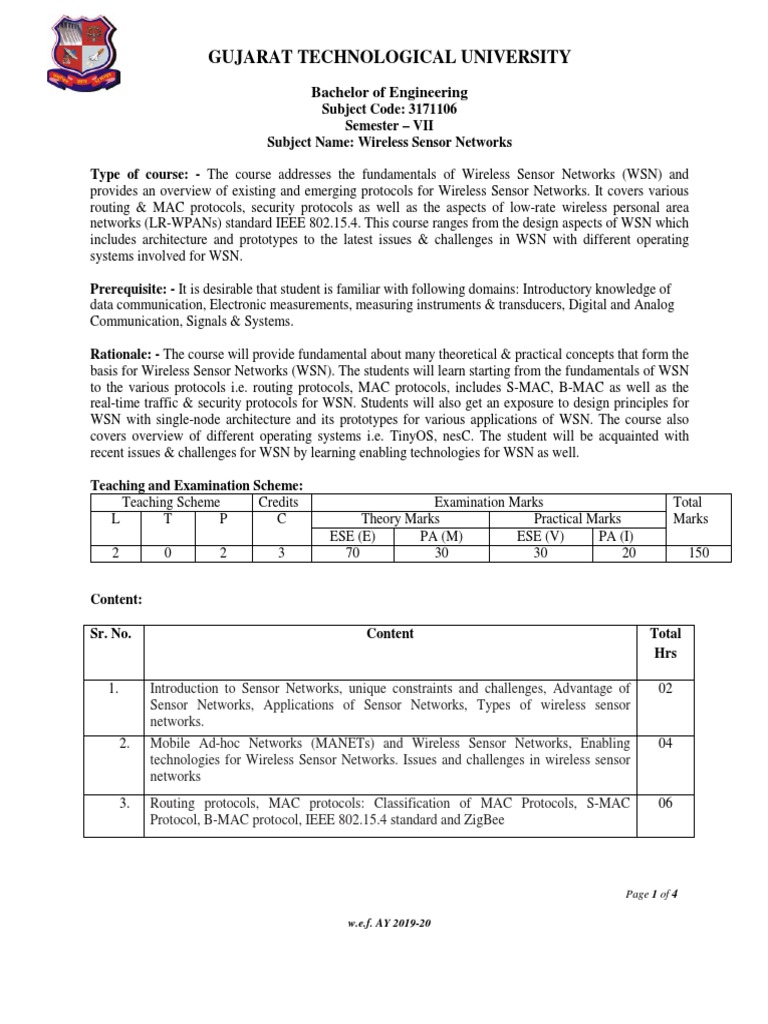 Gujarat Technological University: Bachelor of Engineering | PDF | Wireless Sensor Network ...