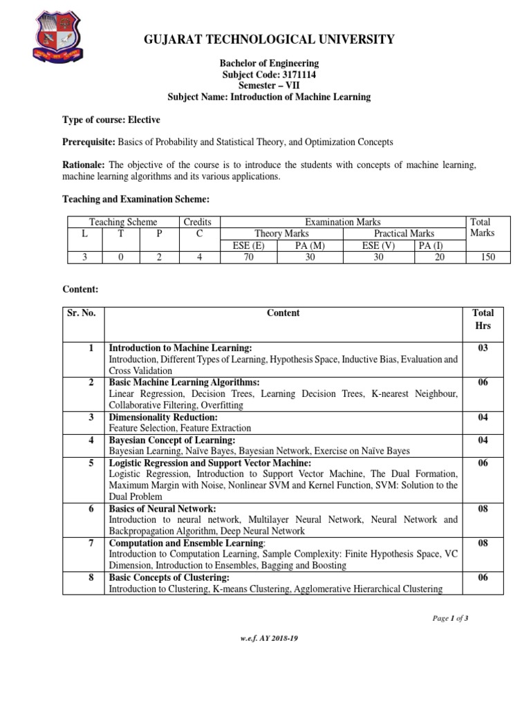 Gujarat Technological University: W.E.F. AY 2018-19 | PDF | Machine Learning | Support Vector ...