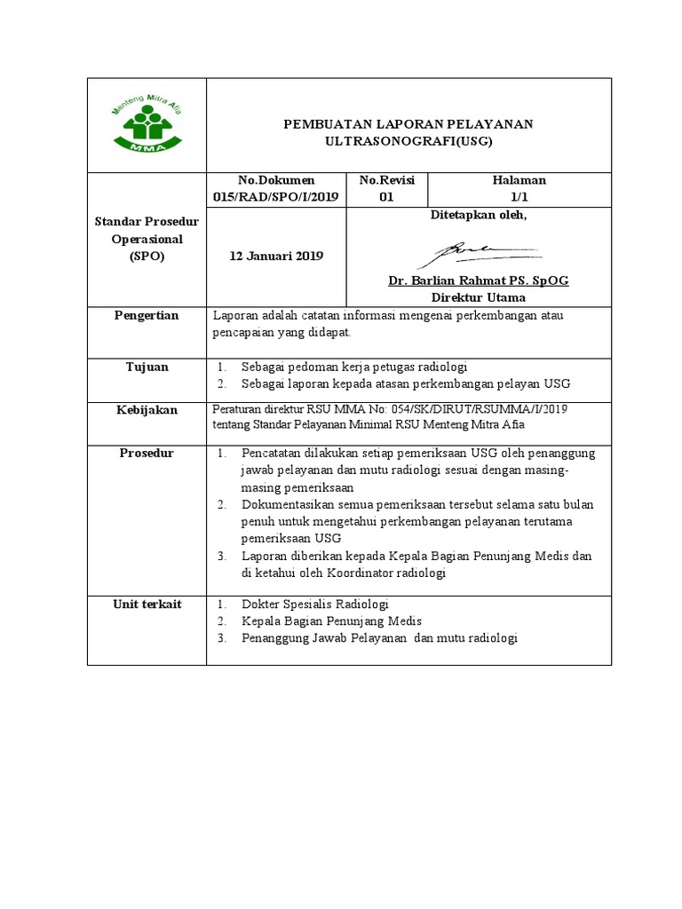 Spo Pembuatan Laporan Pelayanan Usg Di Radiologi | PDF