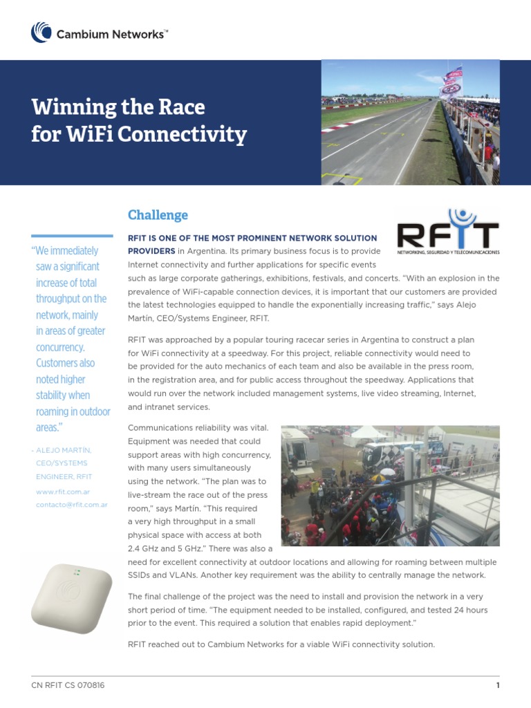 Cambium Race WiFi Connectivity | PDF | Computer Network | Wireless Access Point