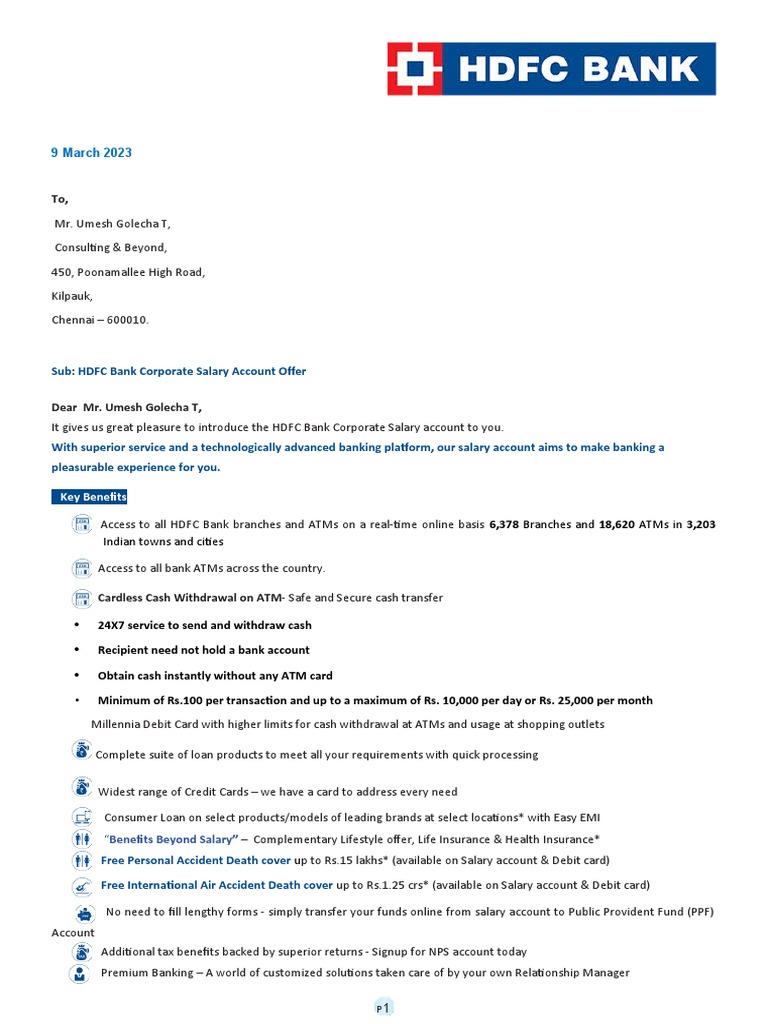 HDFC Bank - Salary Account Offer Letter - Premium With Millennia Debit | PDF | Credit Card ...